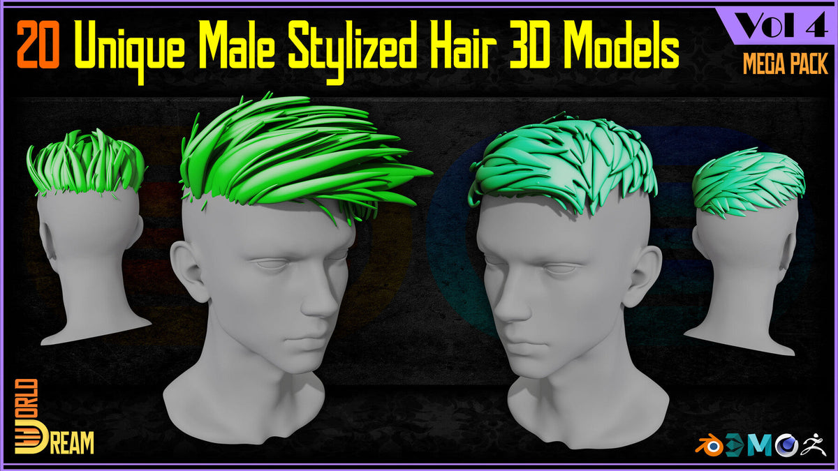 20 Male Stylized Hair 3D Models | Vol 4 – S3ART Store