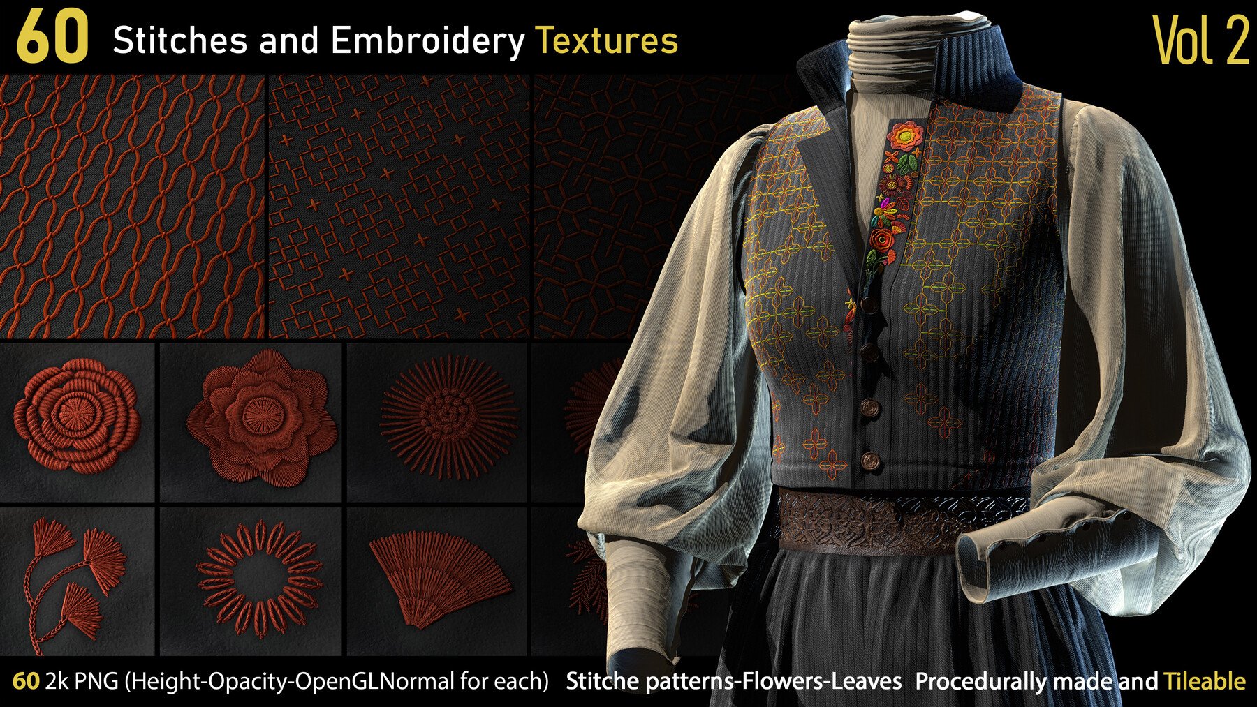 60 Stitches and Embroidery Textures Vol.2 | S3ART Store