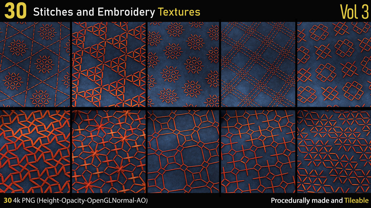 30 Stitches and Embroidery Textures-Vol3-Height-Normal-Opacity-AO ...