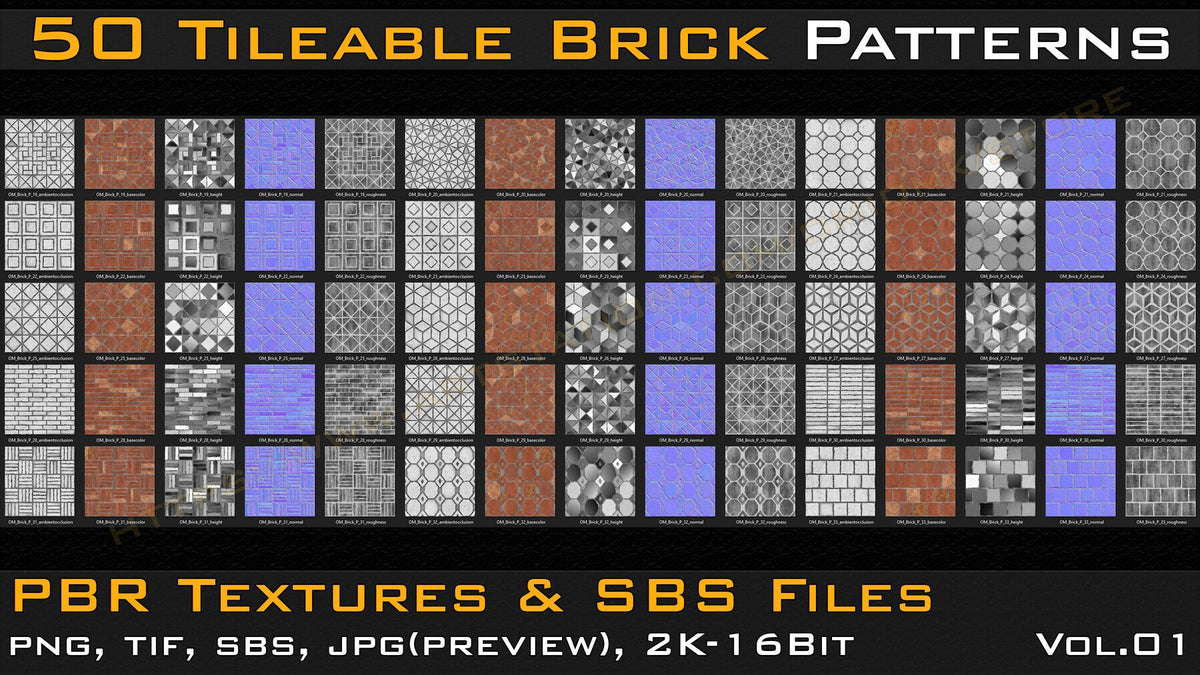 50 Tileable Brick Patterns PBR Textures Vol.01 | S3ART Store