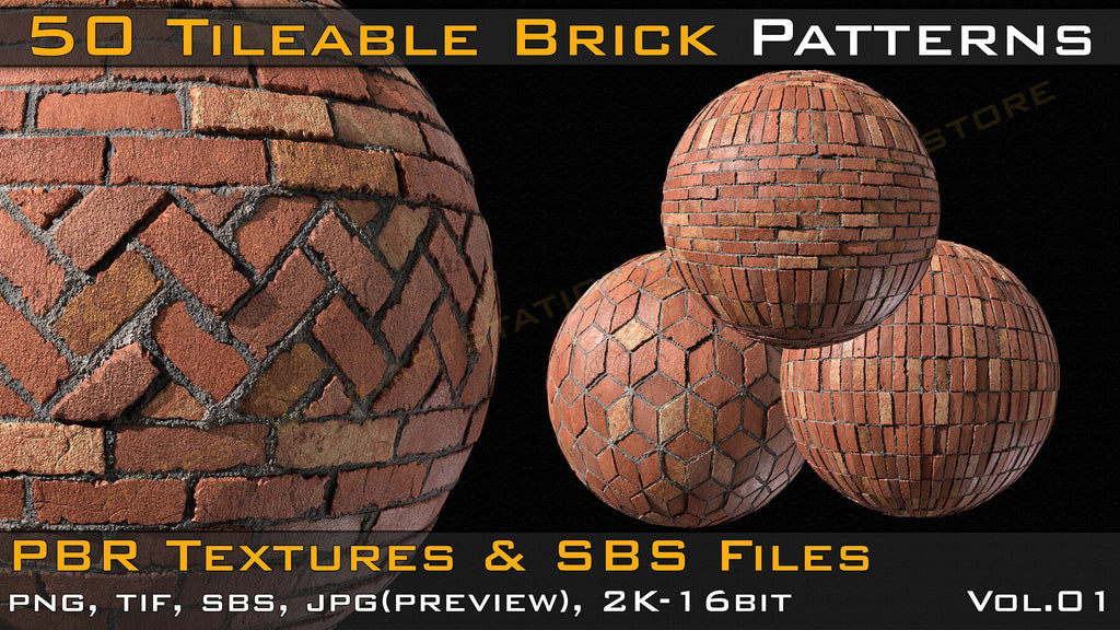 50 Tileable Brick Patterns PBR Textures Vol.01 | S3ART Store
